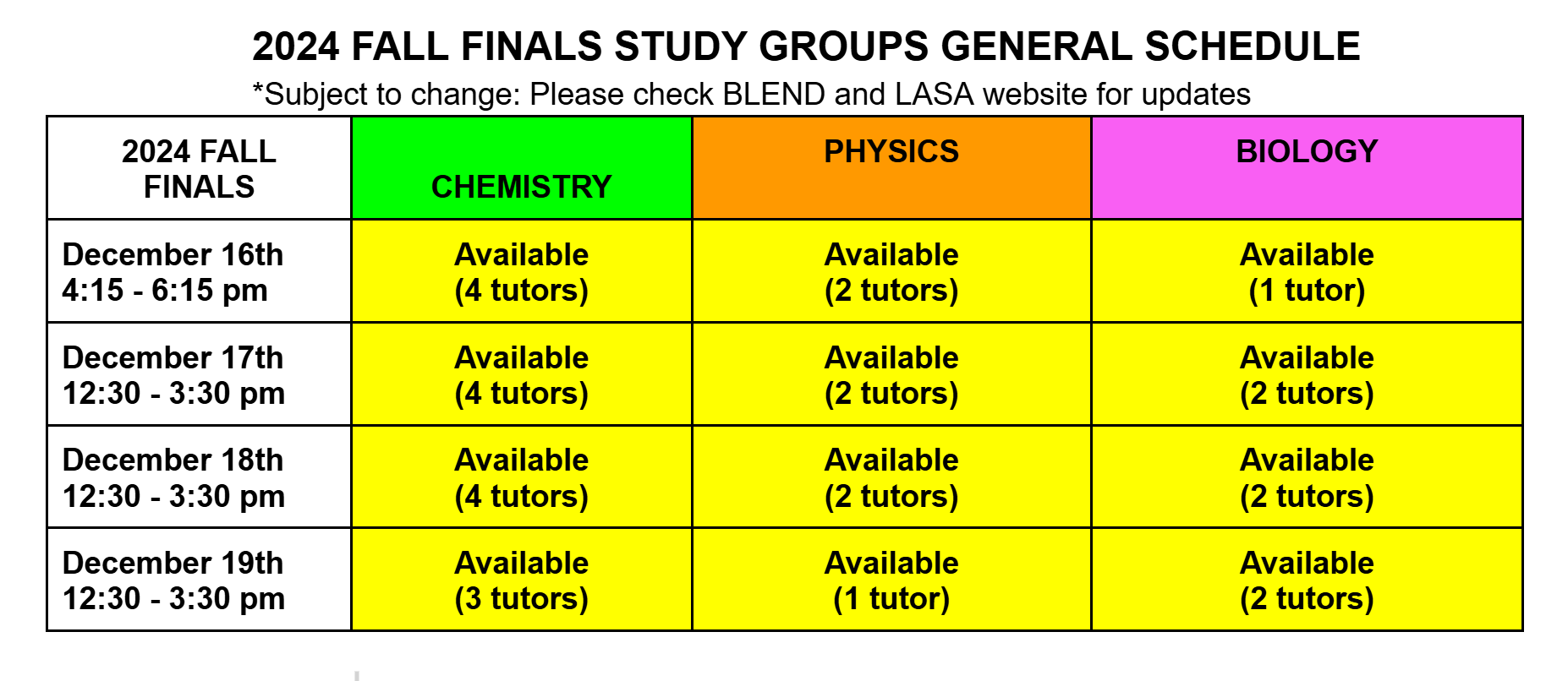 PFLASA | 2024 Fall Finals Study Groups General Schedule
