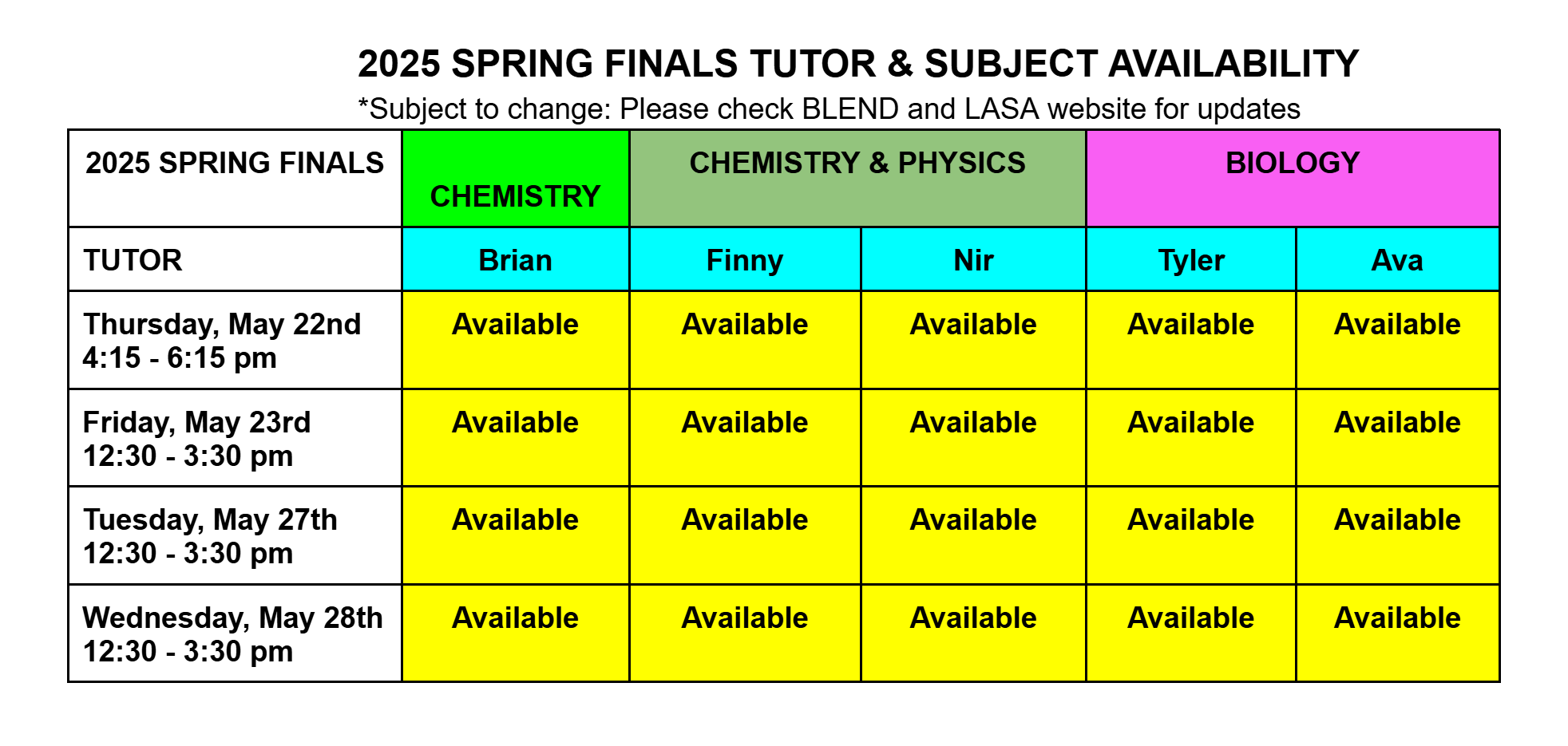 PFLASA | Updated Study Groups Schedule for Spring 2025 Finals